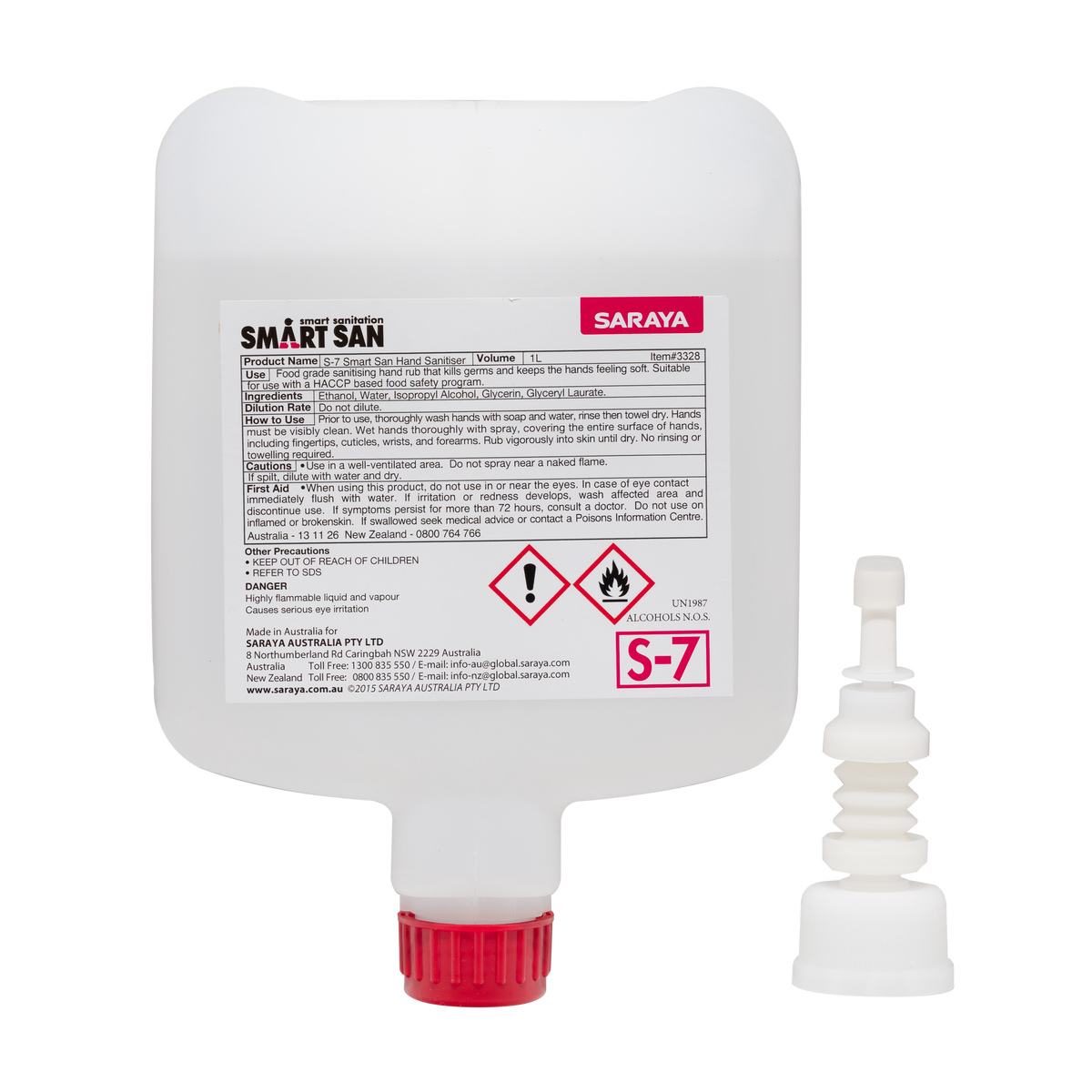 S-7 SMARTSAN Spray Hand Sanitiser 70% v/v Ethanol Alcohol 1L (Dispense ...